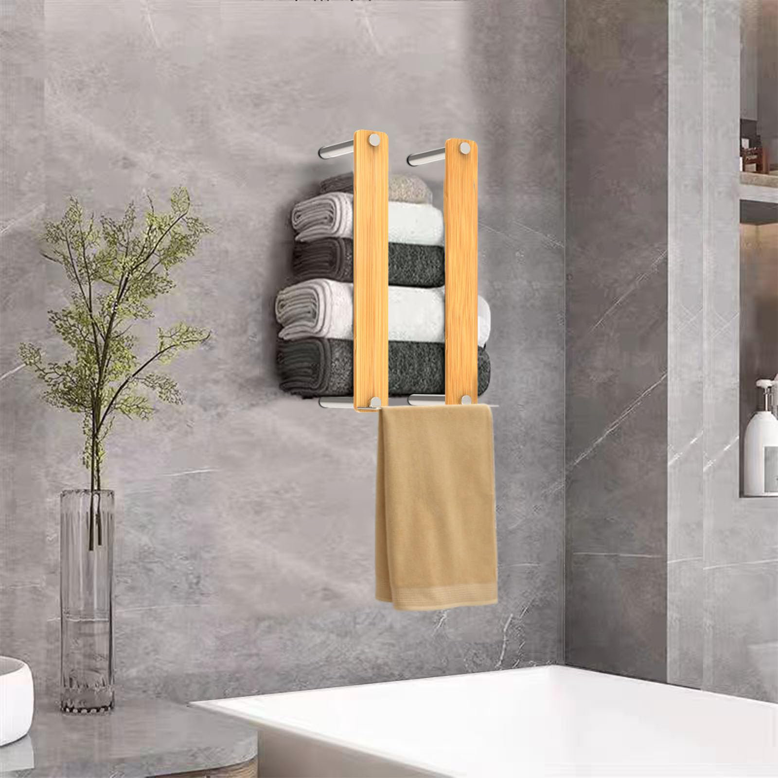 BOJUNTAN Towel Rack Bamboo 17" For Bathroom Wall Mounted, Rolled Towel Holder Wooden Storage ...